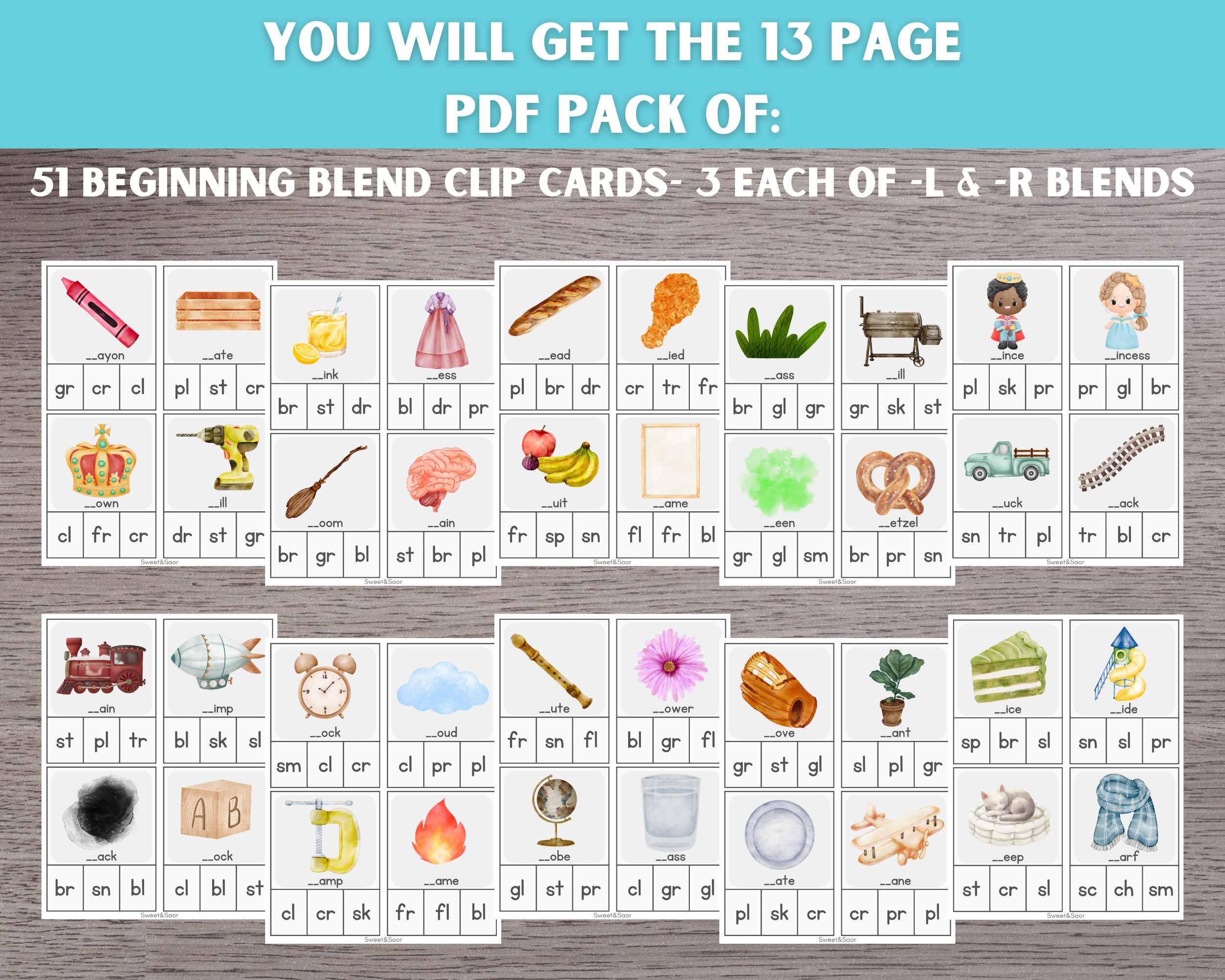 Beginning Consonant Blends Clip Cards, Blue Series Reading Printable ...