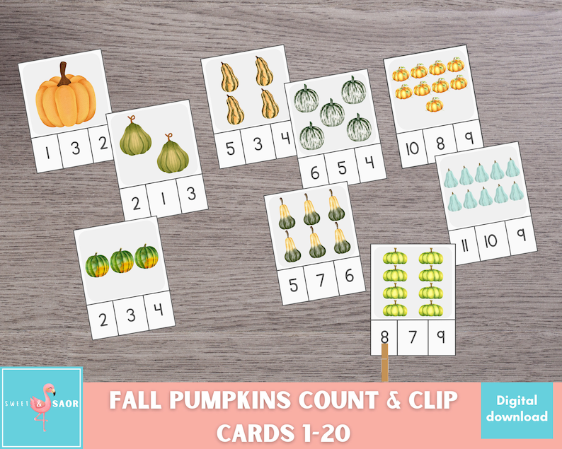 Fall Pumpkin Count and Clip Cards: Preschool Math (PDF Download) - Etsy