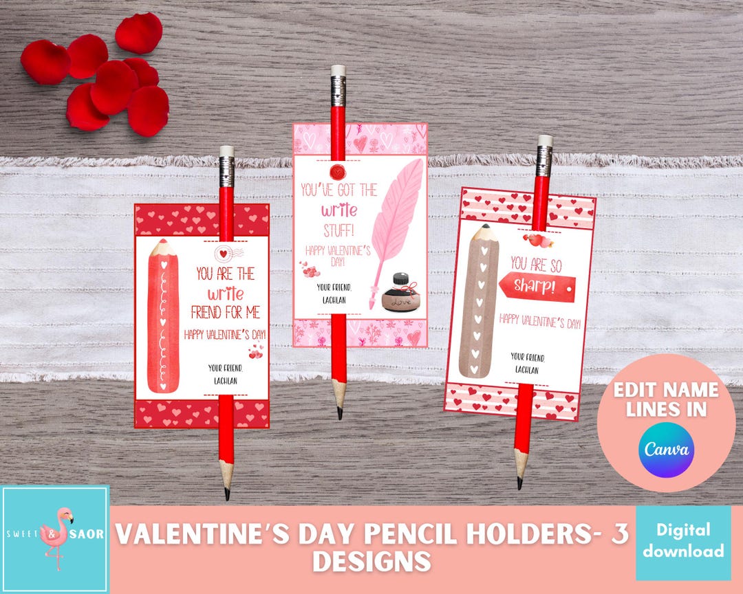 Printable Valentine Pencil Holder Cards: Editable Classroom Gift Tags ...