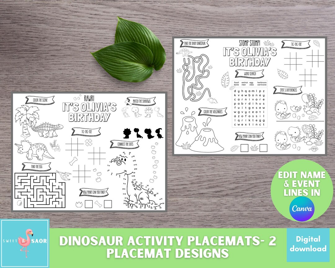 Editable Dinosaur Activity Placemat, Printable Dinosaur Birthday ...
