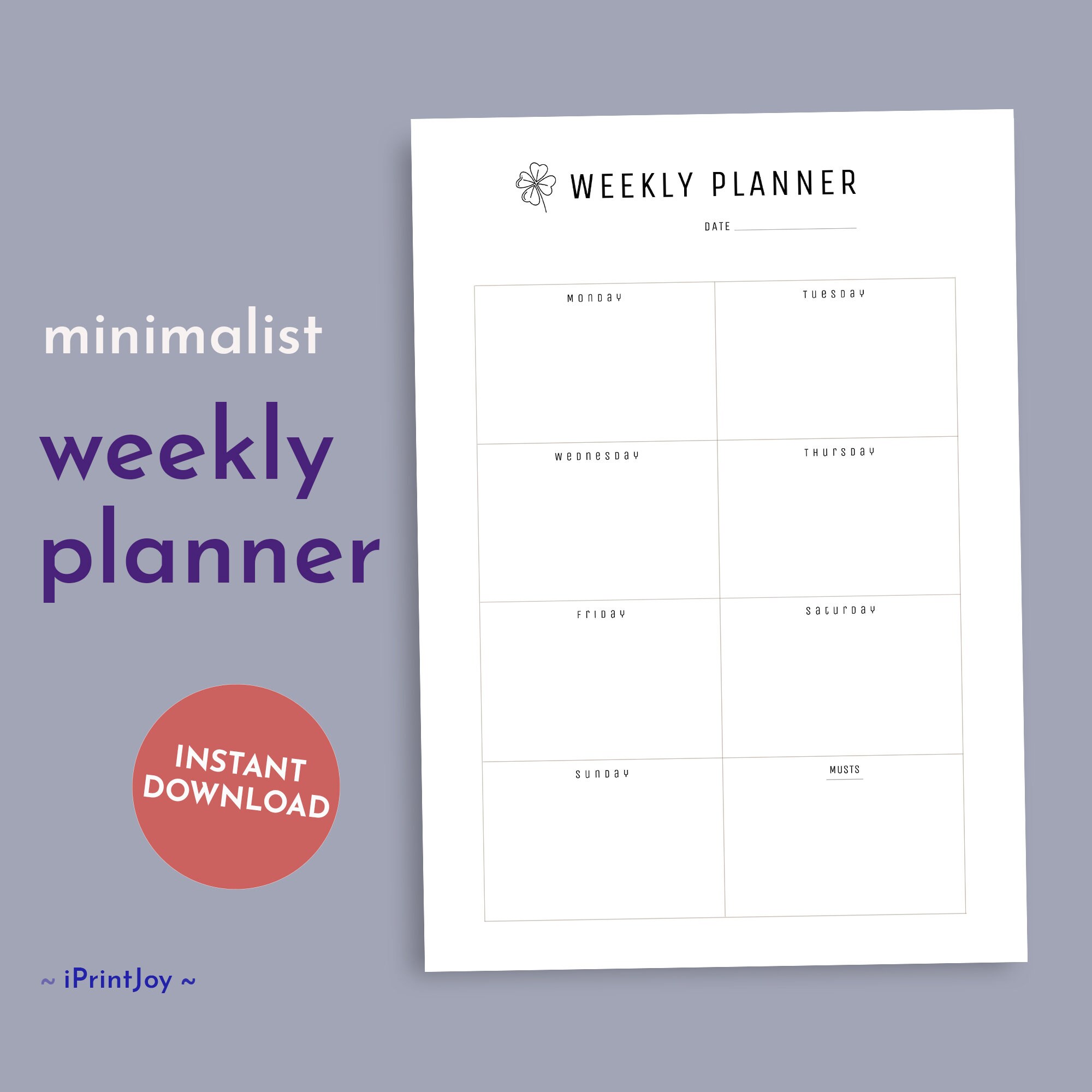 Minimalist Weekly Planner, Printable Weekly Organizer, Digital Planner ...