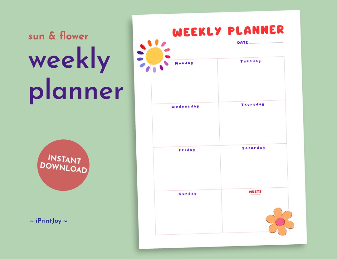 Sun and Flower Weekly Planner Printable Planner Weekly - Etsy
