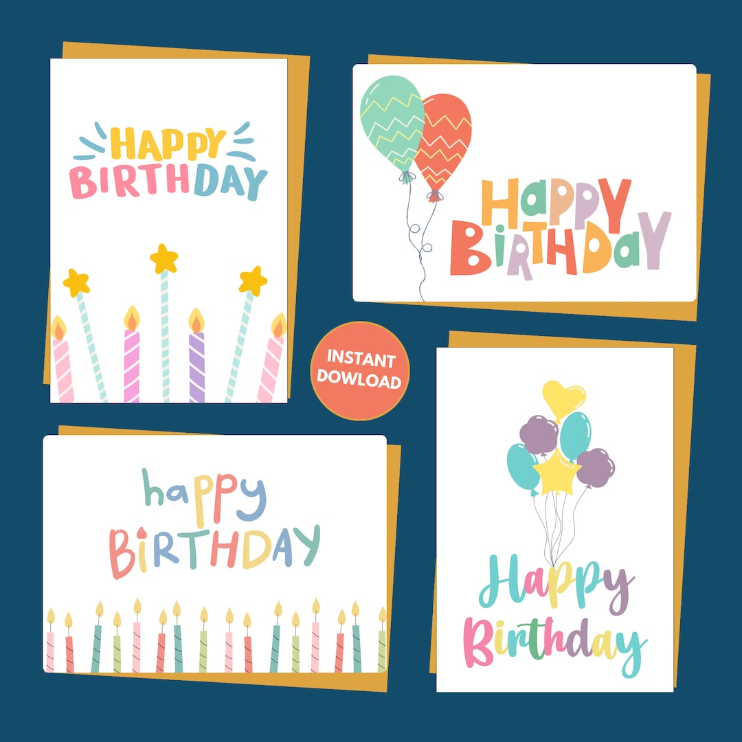 Set of 4 Printable Birthday Cards - Foldable Birthday Cards - Happy ...