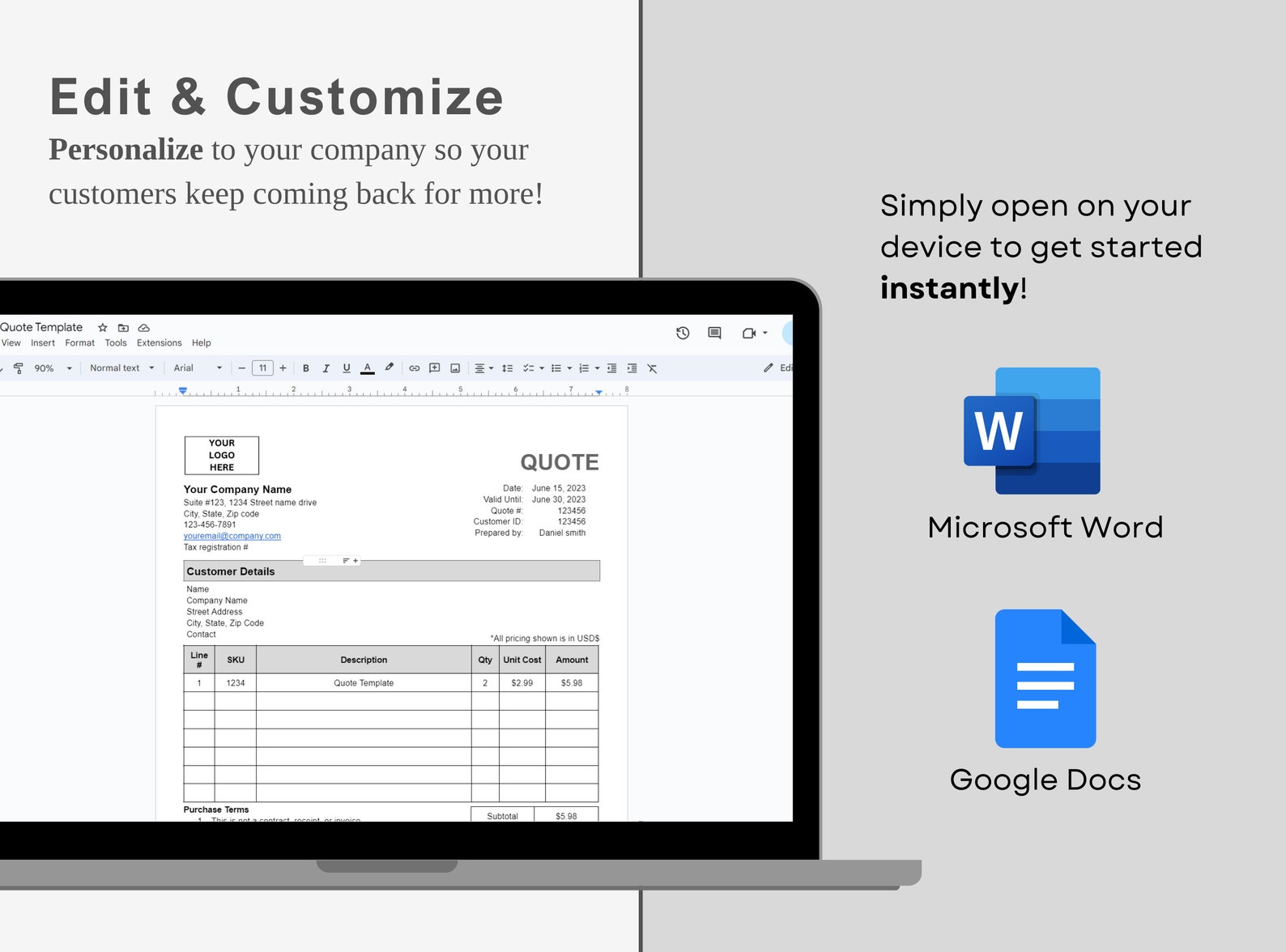 Editable Business Quotation Template. Google Docs Quotation. MS Word ...