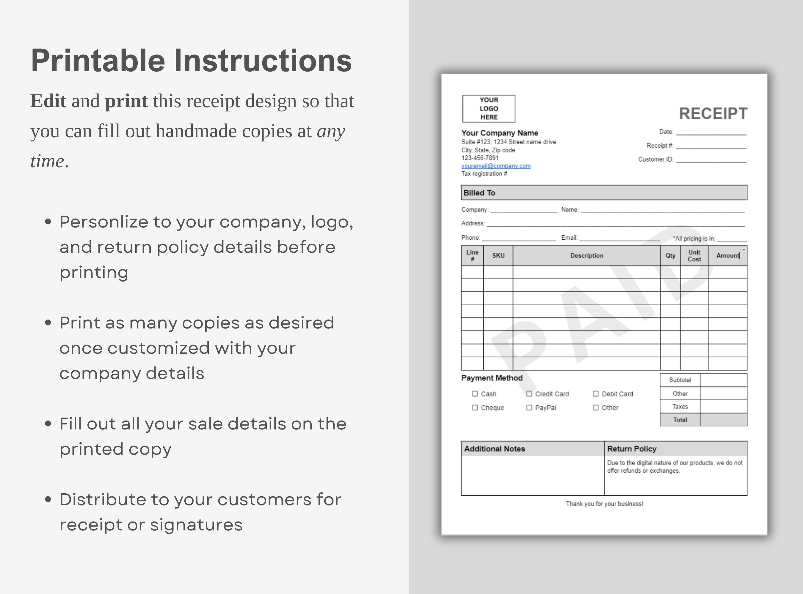 Receipt Template Word - Google Docs Receipt - Printable Receipt - Editable Business Receipt ...