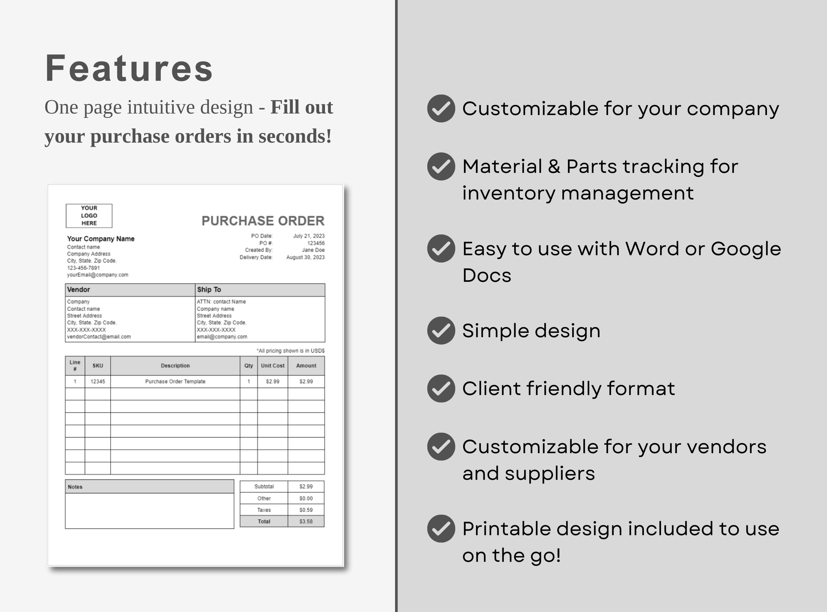 Purchase Order Template Word. Google Docs Purchase Order. Editable Business PO Template ...