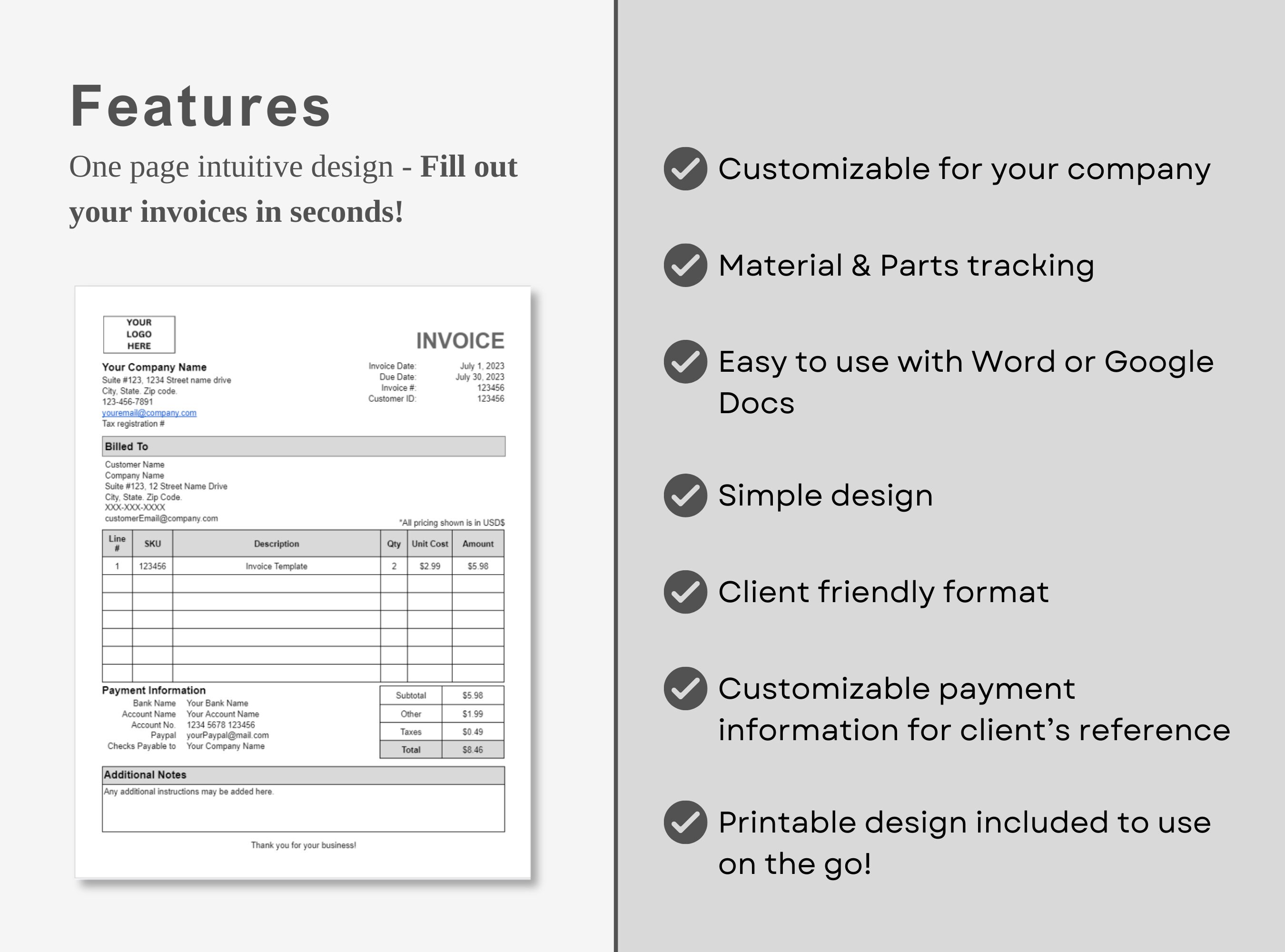 Invoice Template Word - Google Docs Invoice - Editable Business Invoice ...
