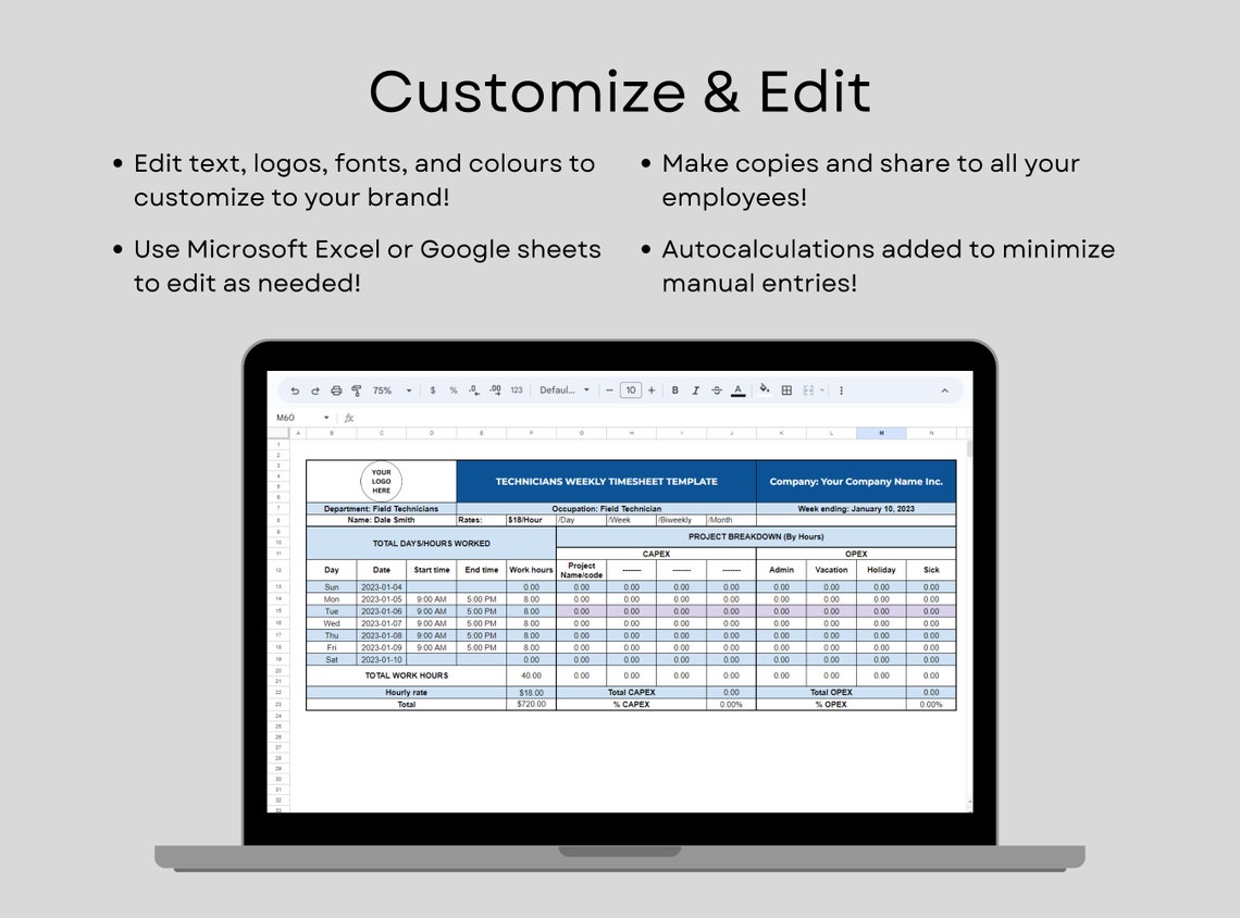 Employee Timesheet Spreadsheet Template, Editable Weekly Timesheet ...
