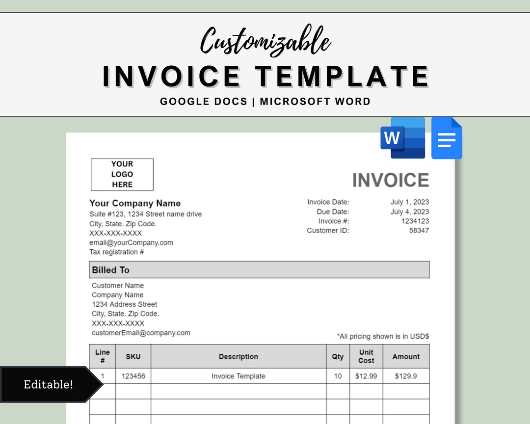 Invoice Template Word - Google Docs Invoice - Editable Business Invoice ...