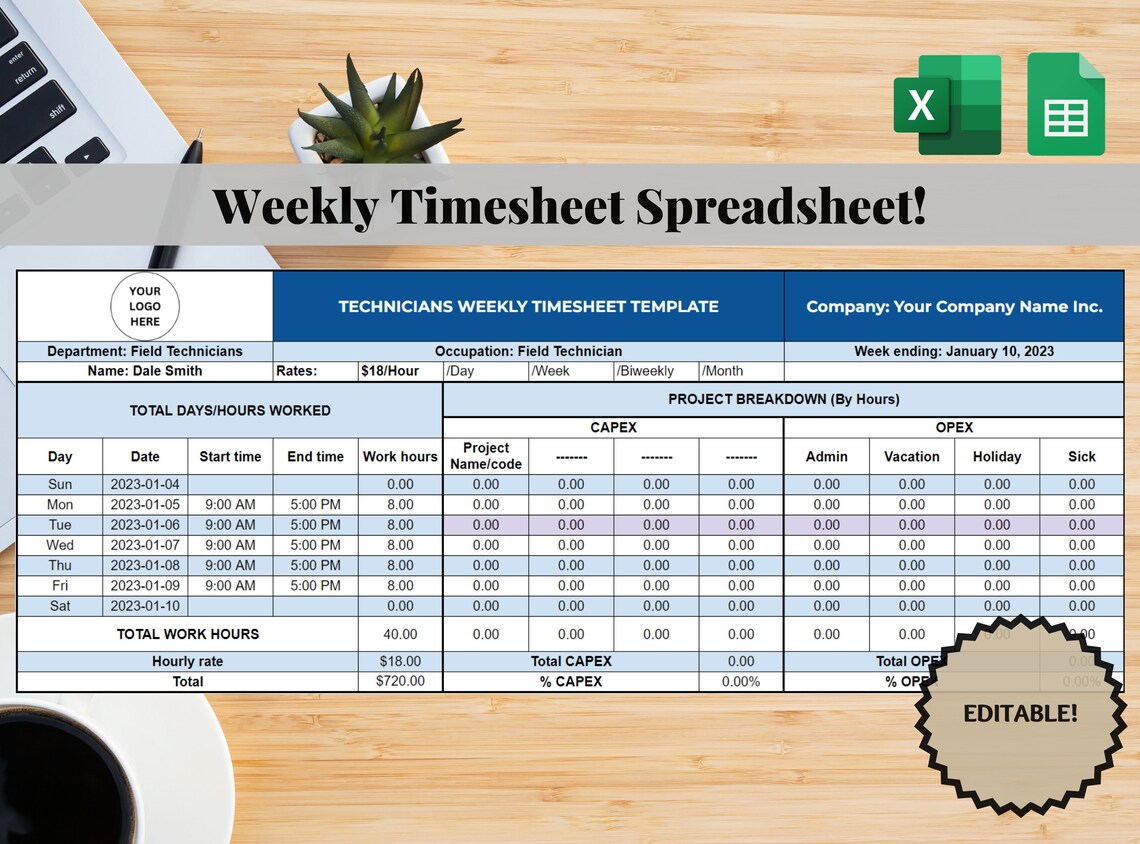 Employee Timesheet Spreadsheet Template, Editable Weekly Timesheet ...