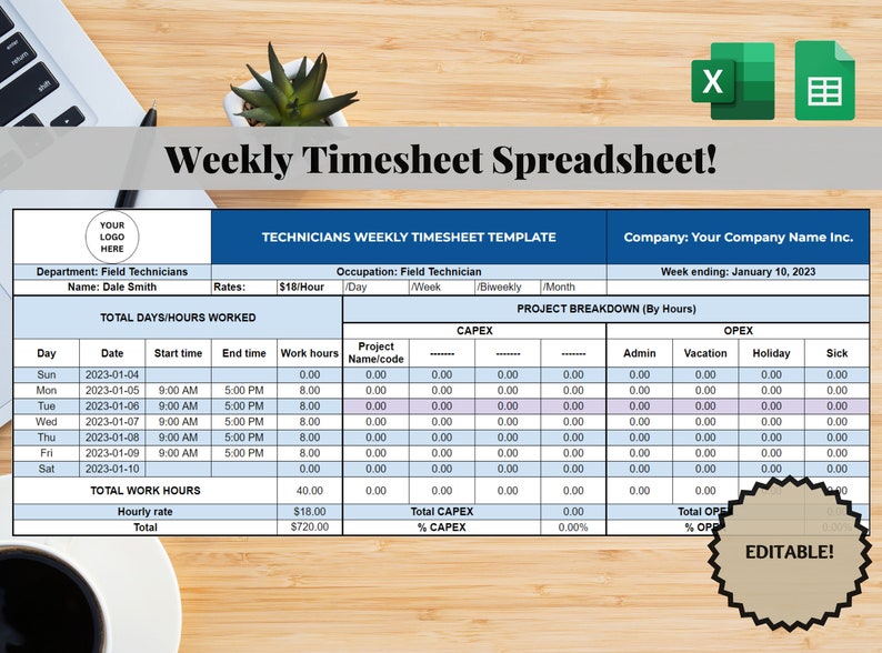 Employee Timesheet Spreadsheet Template, Editable Weekly Timesheet ...