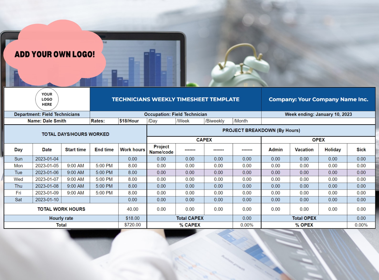 Employee Timesheet Spreadsheet Template, Editable Weekly Timesheet ...