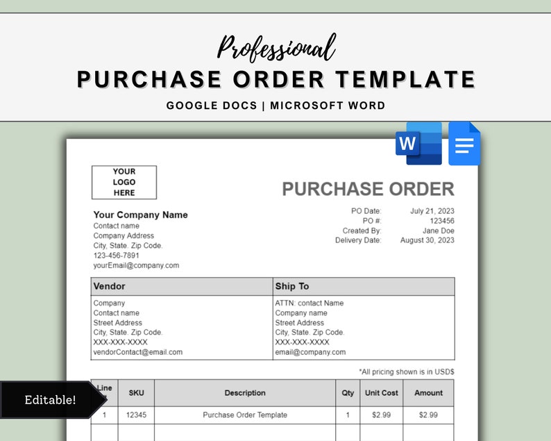 Purchase Order Template Word. Google Docs Purchase Order. Editable ...