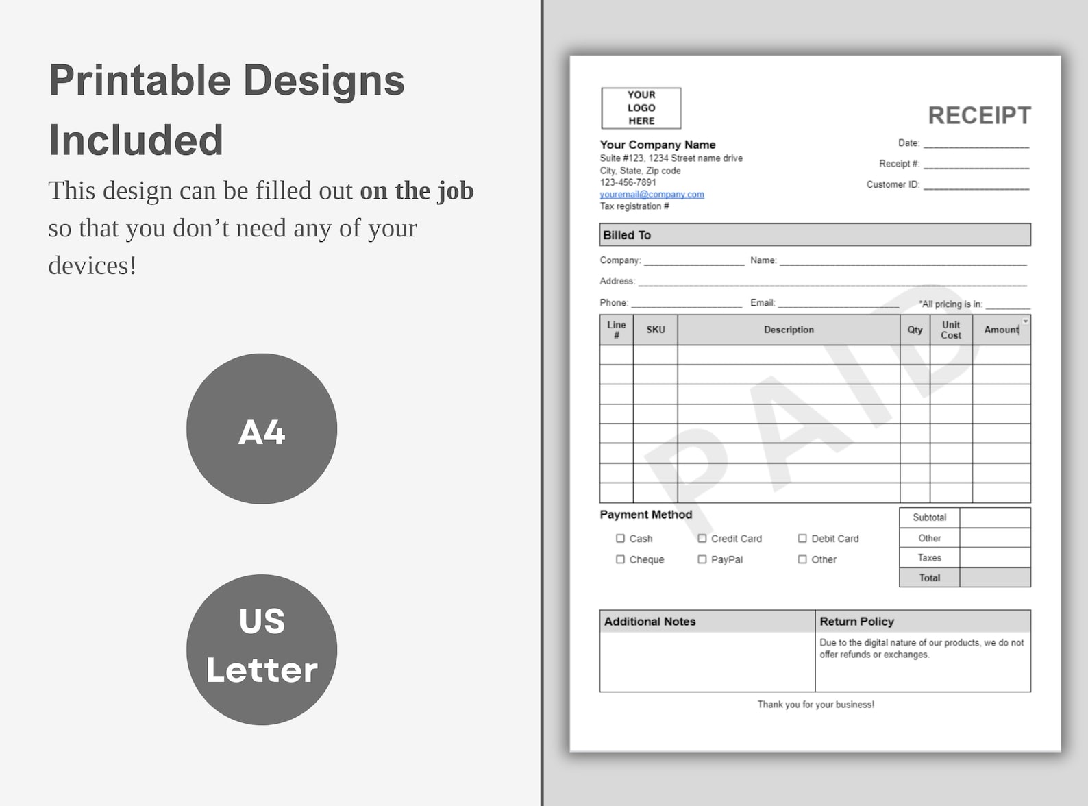 Plantilla de recibo Word Recibo de Google Docs Recibo imprimible Recibo ...