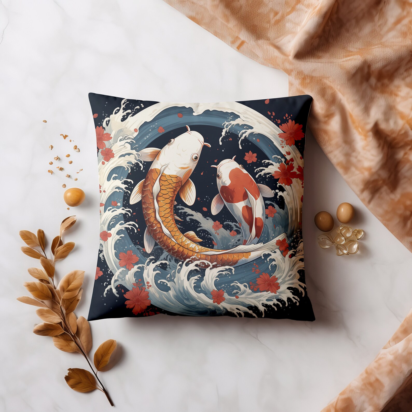 Japanese Koi Fish Pillow Cover | Koi Fish Cushion Cover With Asian ...