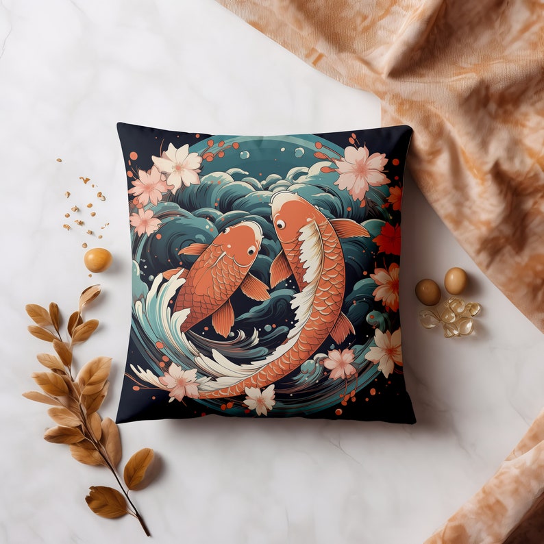 Japanese Koi Fish Pillow Cover | Koi Fish Cushion Cover With Asian ...