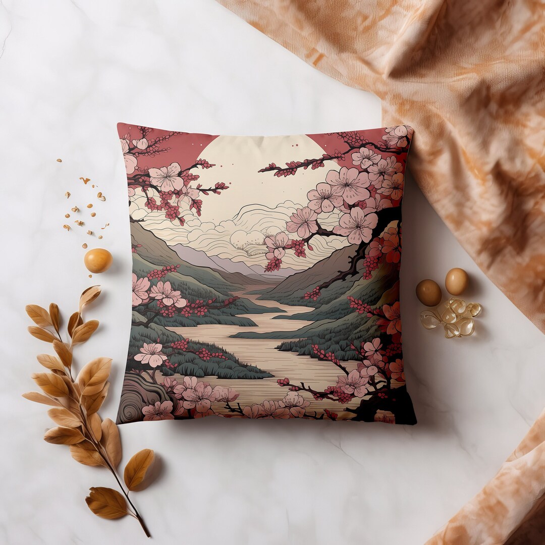 Cherry Blossoms Sakura Japanese Landscape on Red Background | Cushion ...