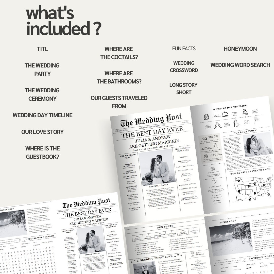 Newspaper Wedding Program Template, Editable Wedding Newspaper Program ...