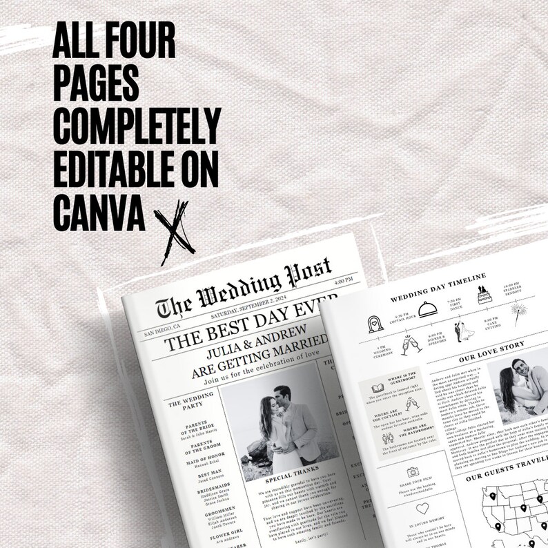 Newspaper Wedding Program Template, Editable Wedding Newspaper Program ...