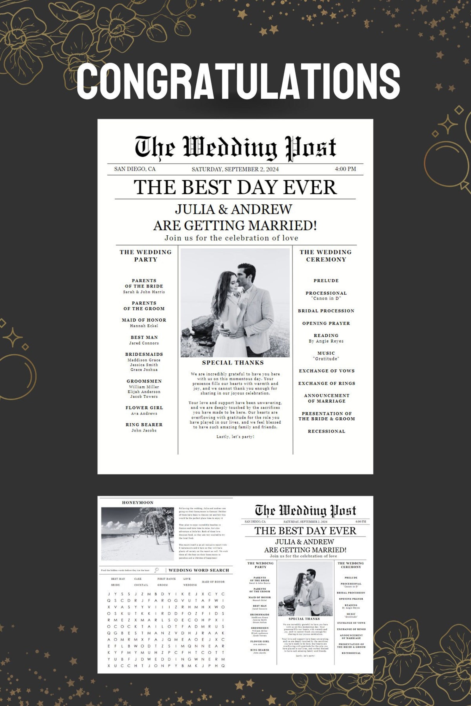Newspaper Wedding Program Template, Editable Wedding Newspaper Program ...