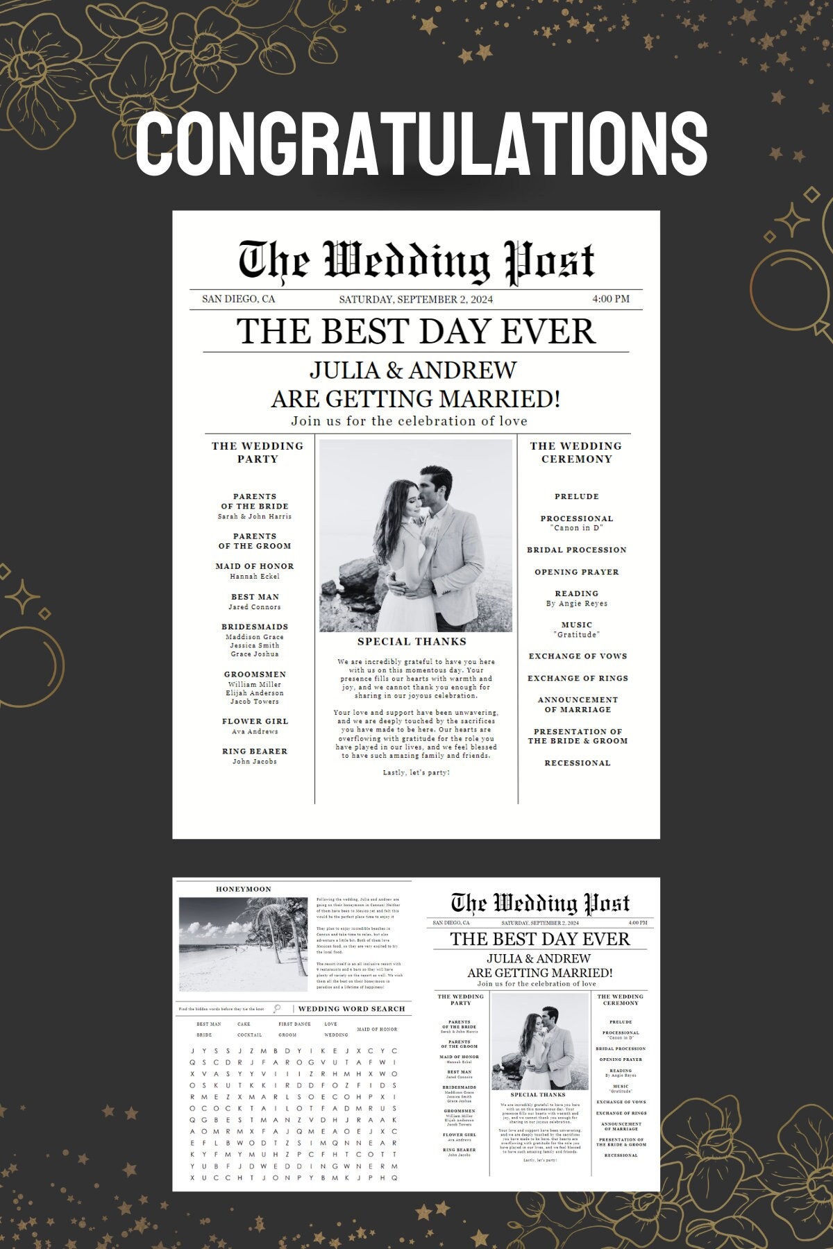 Newspaper Wedding Program Template, Editable Wedding Newspaper Program ...