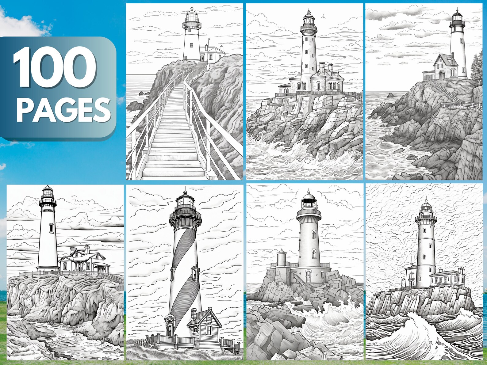 Lighthouse Coloring Book, 100 Pages, Lighthouse Coloring Pages, AI ART ...