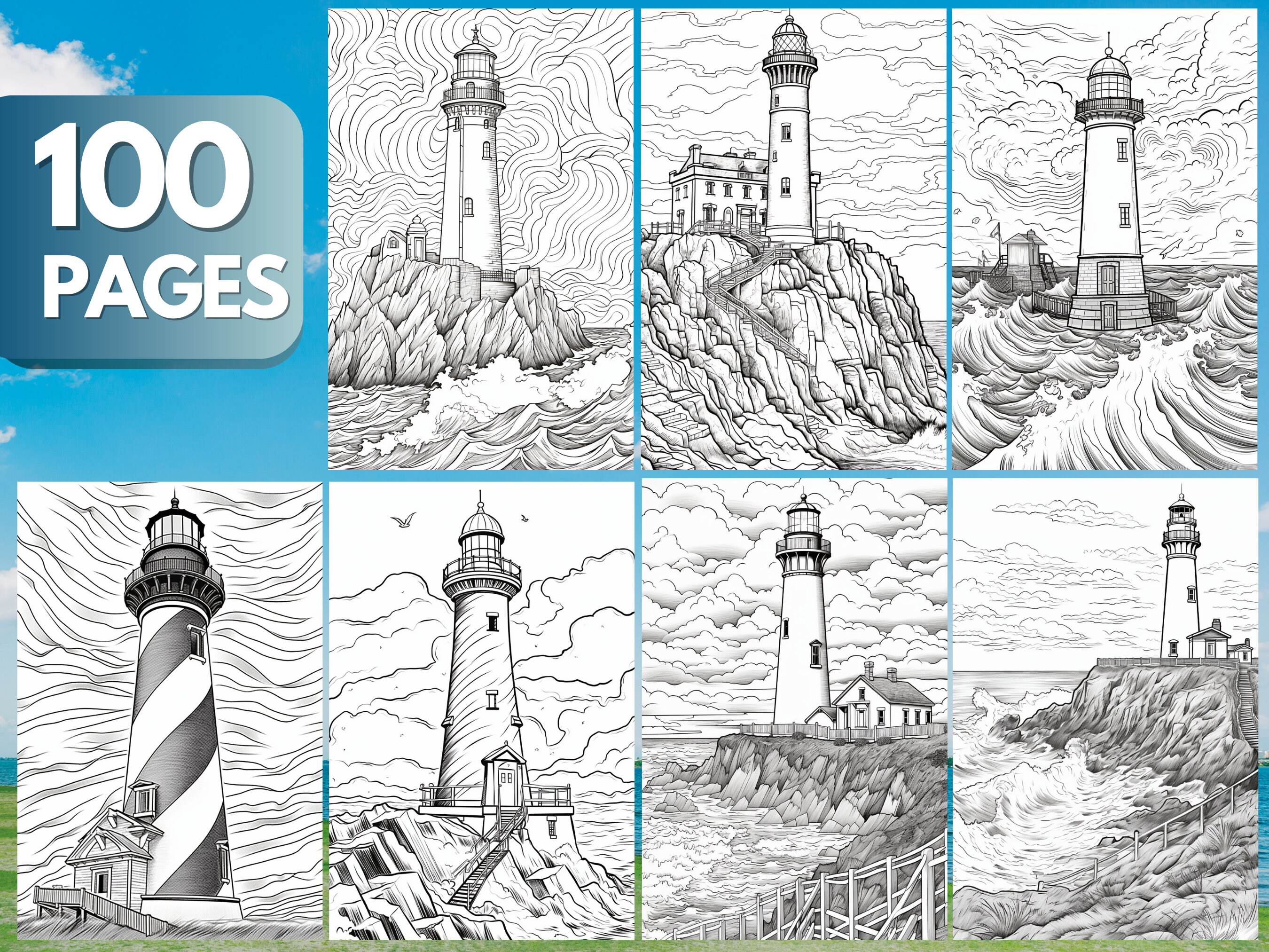 Lighthouse Coloring Book, 100 Pages, Lighthouse Coloring Pages, AI ART ...