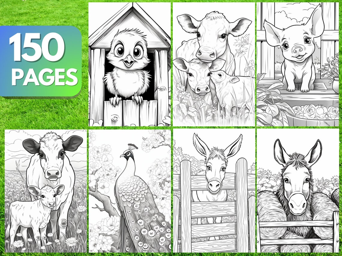Cute Farm Animals Coloring Book, 150 Pages, Farm Friends Coloring Pages ...