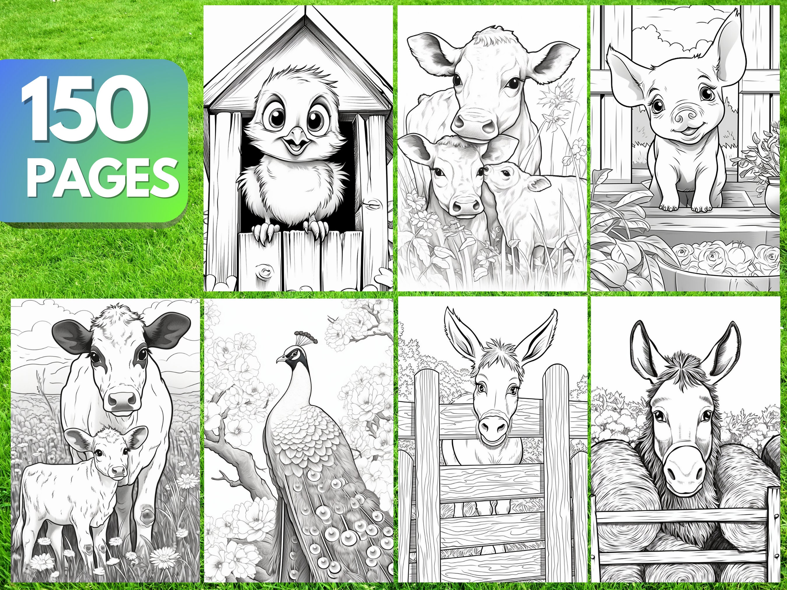 Cute Farm Animals Coloring Book, 150 Pages, Farm Friends Coloring Pages ...