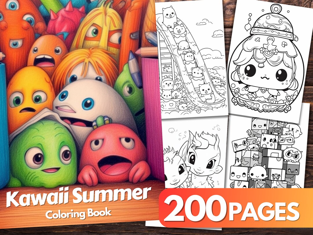 Kawaii Summer Coloring Book, 200 Pages, AI ART, Printable Coloring Book ...