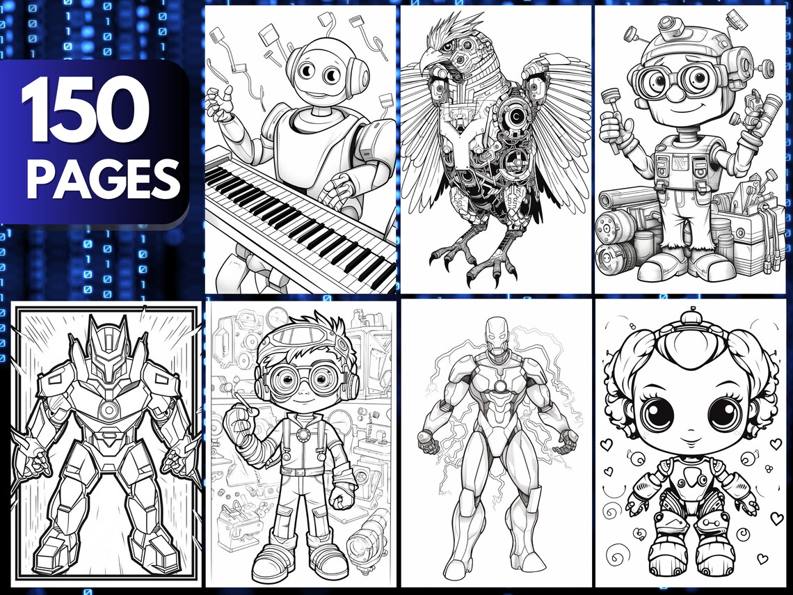 Cute Robots Coloring Book, 150 Pages, Cute Robots Coloring Pages, AI ...