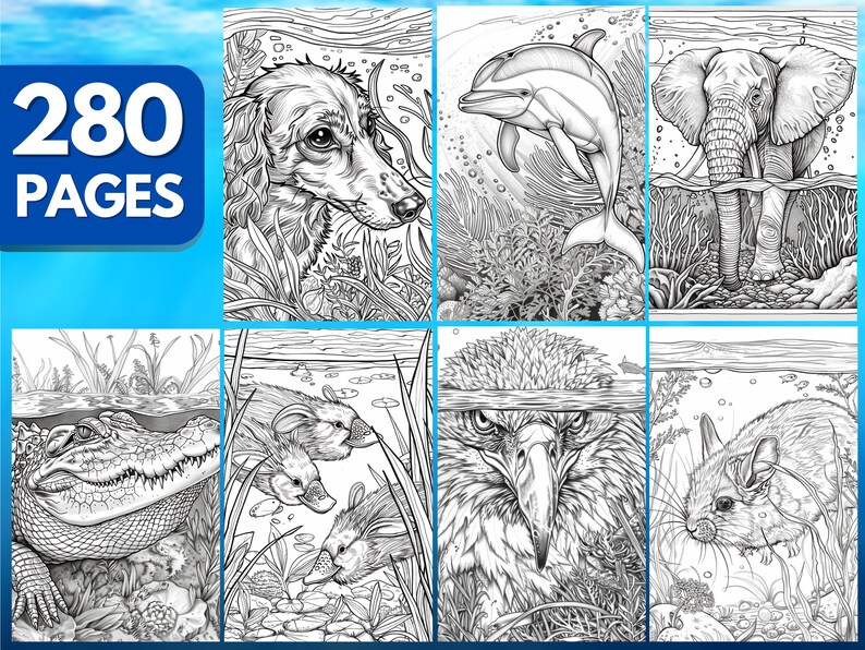 Animals Under Water Coloring Book, 280 Pages, Animals in Water, Animal ...