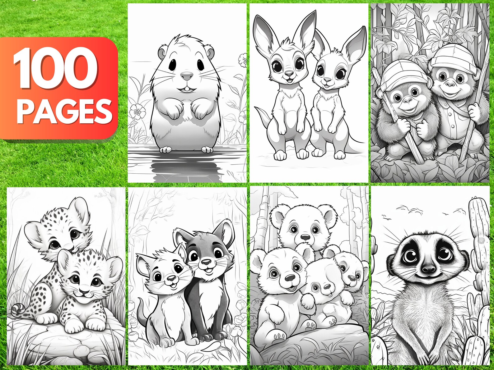 Adorable Animals Coloring Book, 100 Pages, Cute Animals Coloring Pages ...