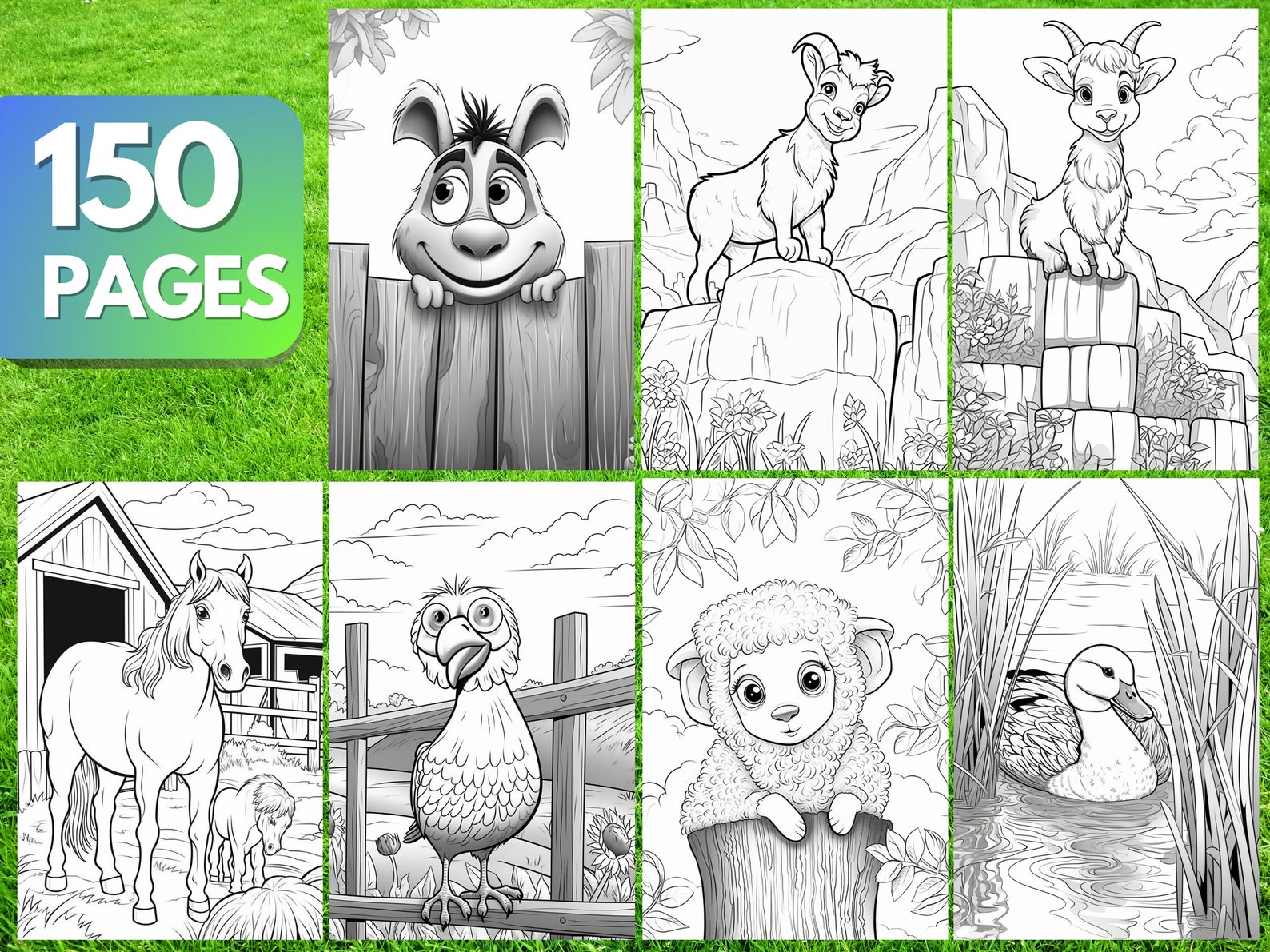 Cute Farm Animals Coloring Book, 150 Pages, Farm Friends Coloring Pages ...