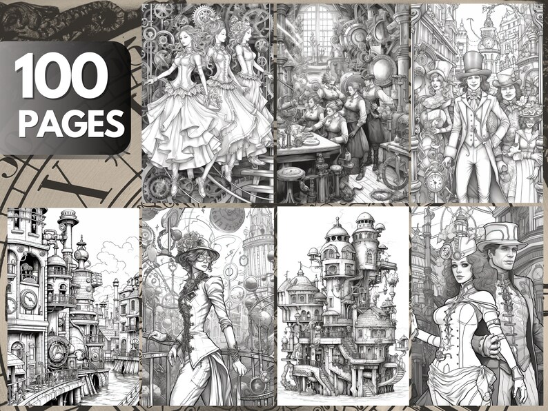 Clockwork City Coloring Book: 100 Pages, AI Art (PDF) - Etsy