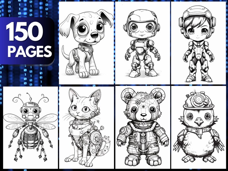 Cute Robots Coloring Book, 150 Pages, Cute Robots Coloring Pages, AI ...