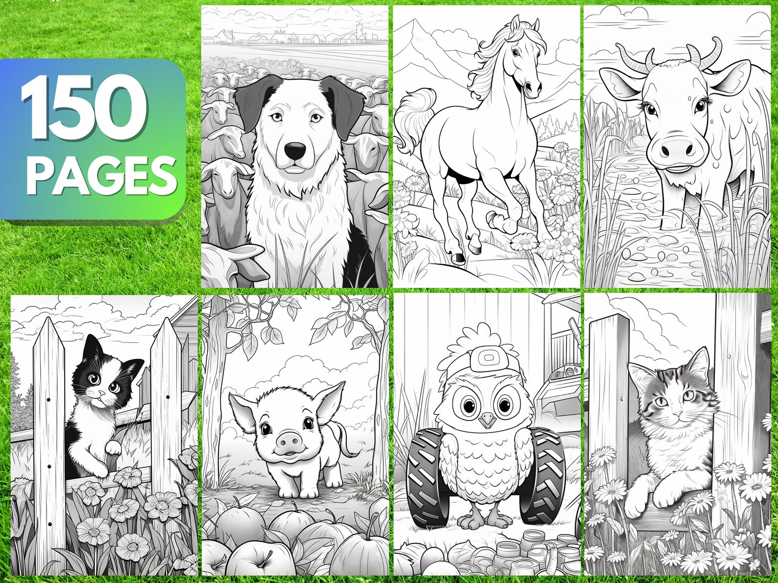 Cute Farm Animals Coloring Book, 150 Pages, Farm Friends Coloring Pages ...