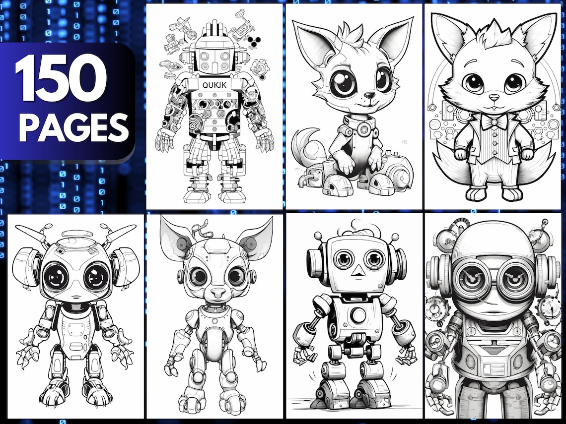 Cute Robots Coloring Book, 150 Pages, Cute Robots Coloring Pages, AI ...