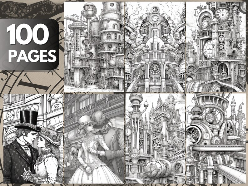 Clockwork City Coloring Book: 100 Pages, AI Art (PDF) - Etsy