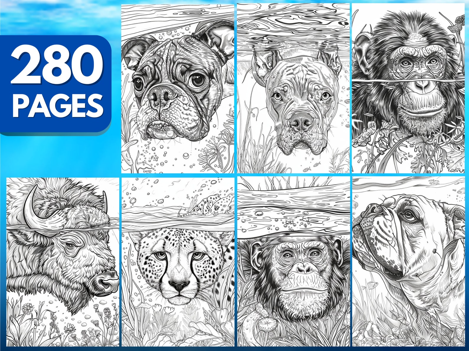 Animals Under Water Coloring Book, 280 Pages, Animals in Water, Animal ...