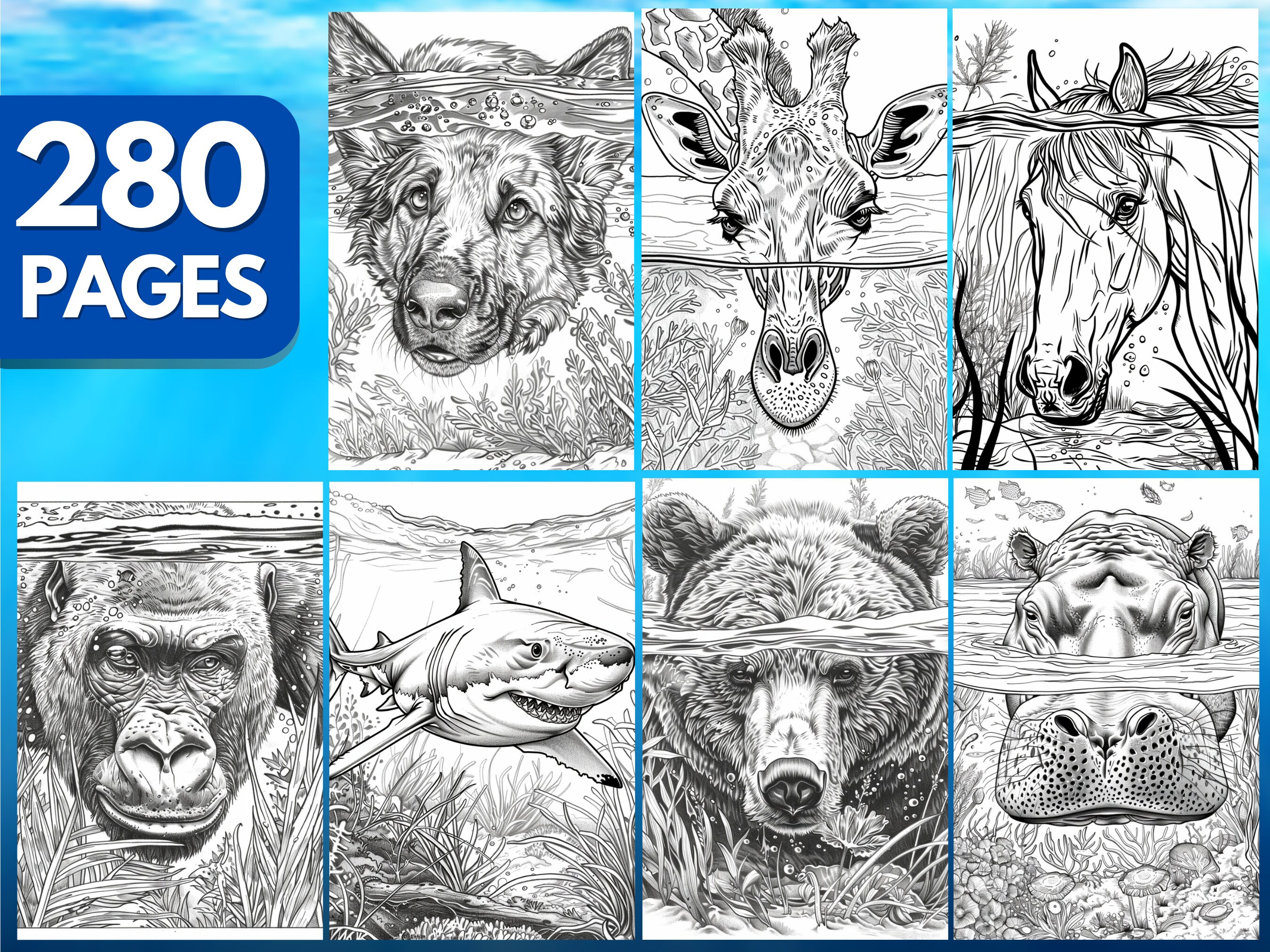 Animals Under Water Coloring Book, 280 Pages, Animals in Water, Animal ...