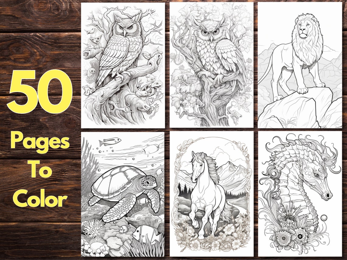 Amazing Animals Adult Coloring Book, 50 Pages, AI ART, Printable ...