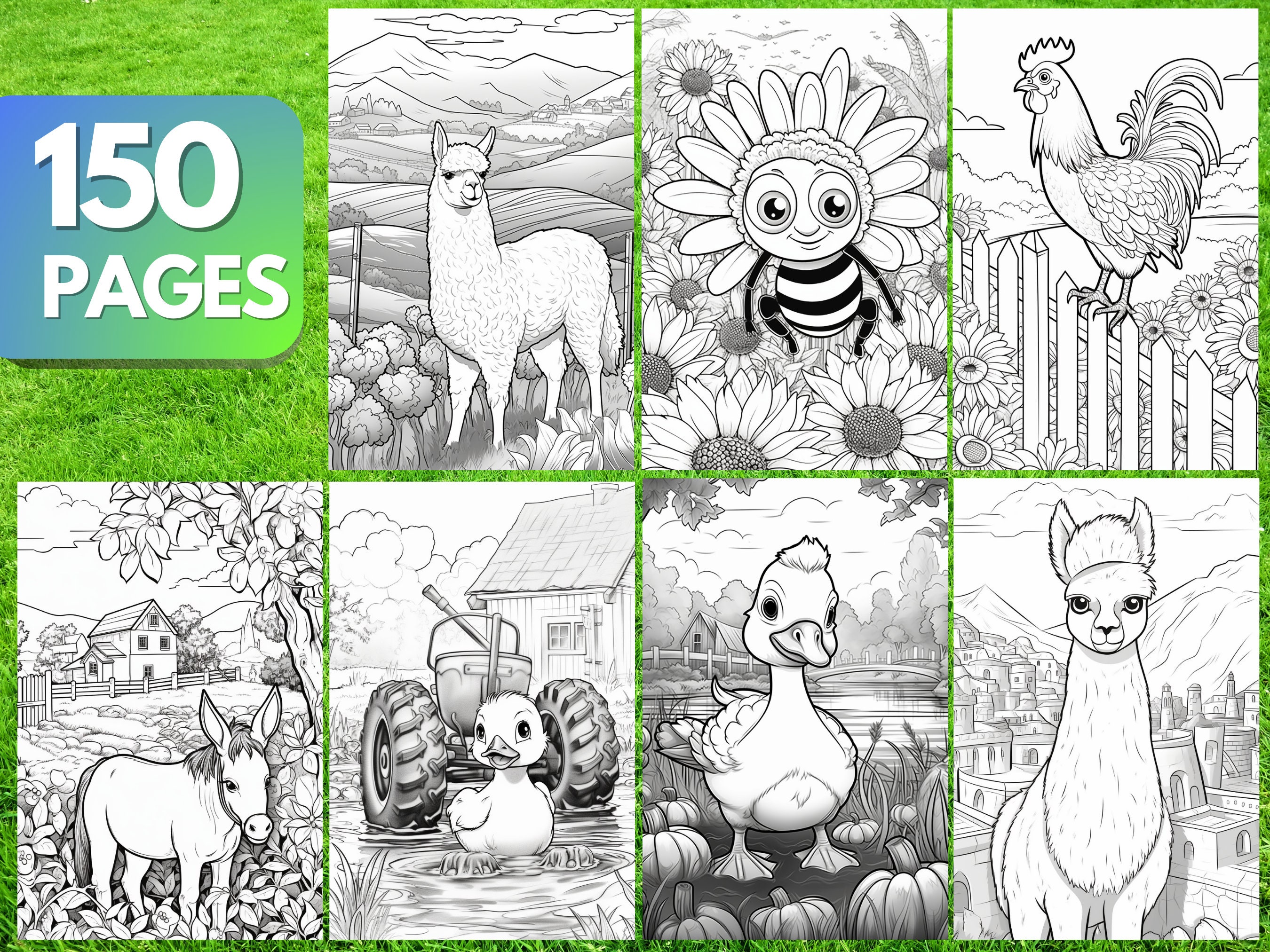 Cute Farm Animals Coloring Book, 150 Pages, Farm Friends Coloring Pages ...