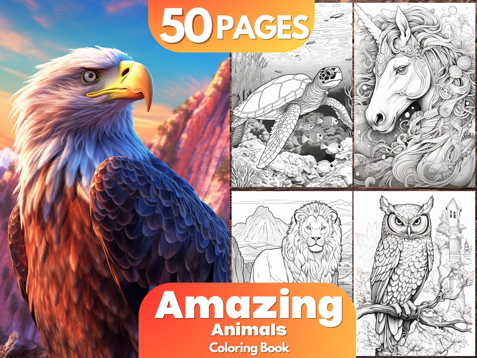 Amazing Animals Adult Coloring Book, 50 Pages, AI ART, Printable ...