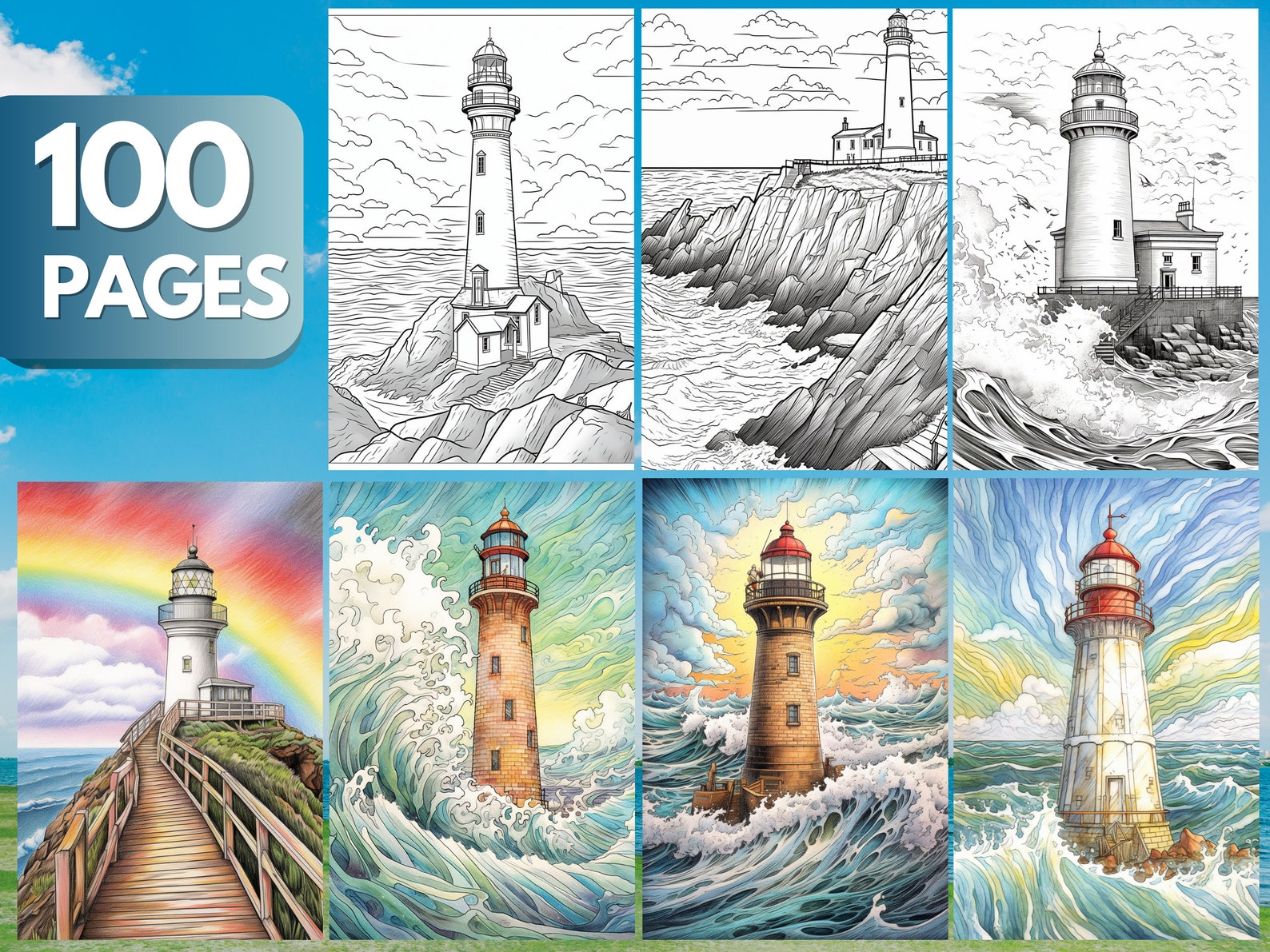 Lighthouse Coloring Book, 100 Pages, Lighthouse Coloring Pages, AI ART ...