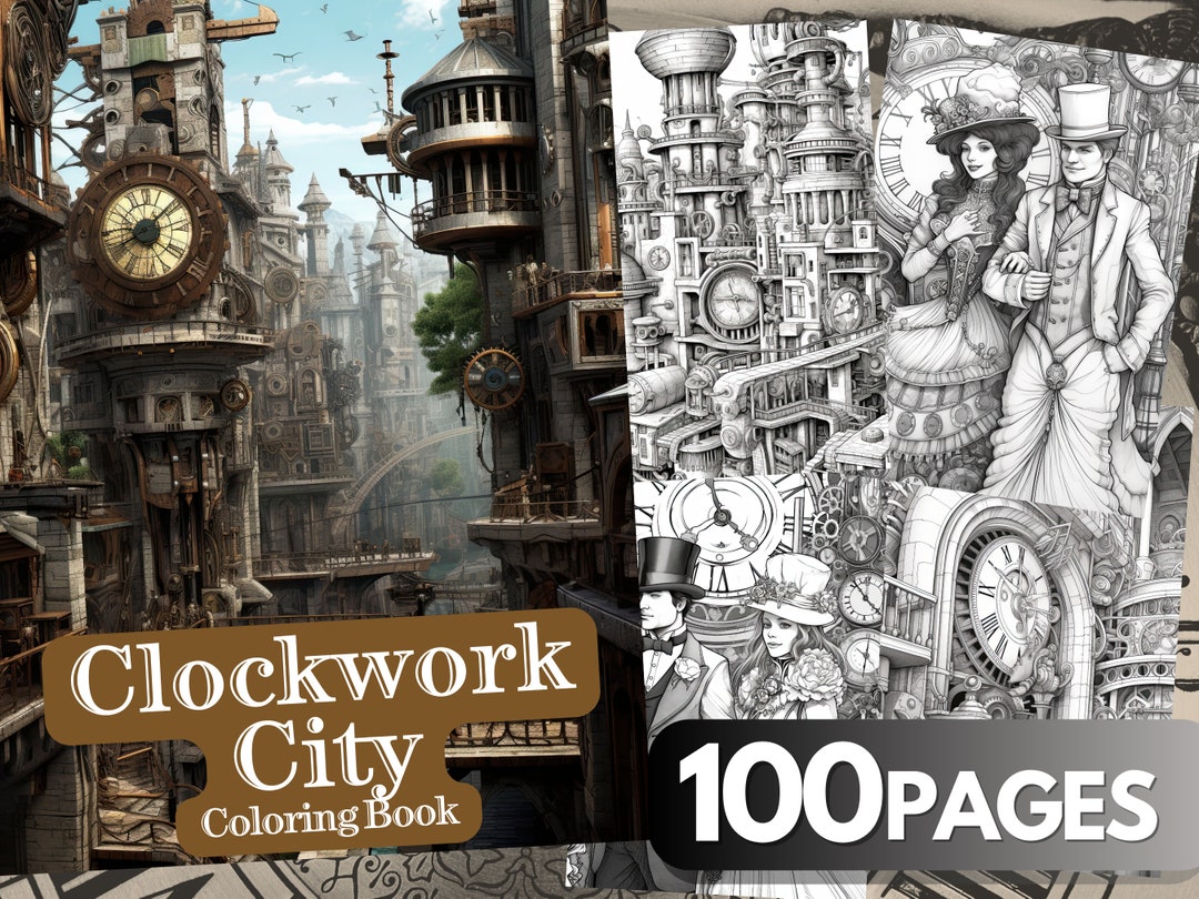 Clockwork City Coloring Book: 100 Pages, AI Art (PDF) - Etsy