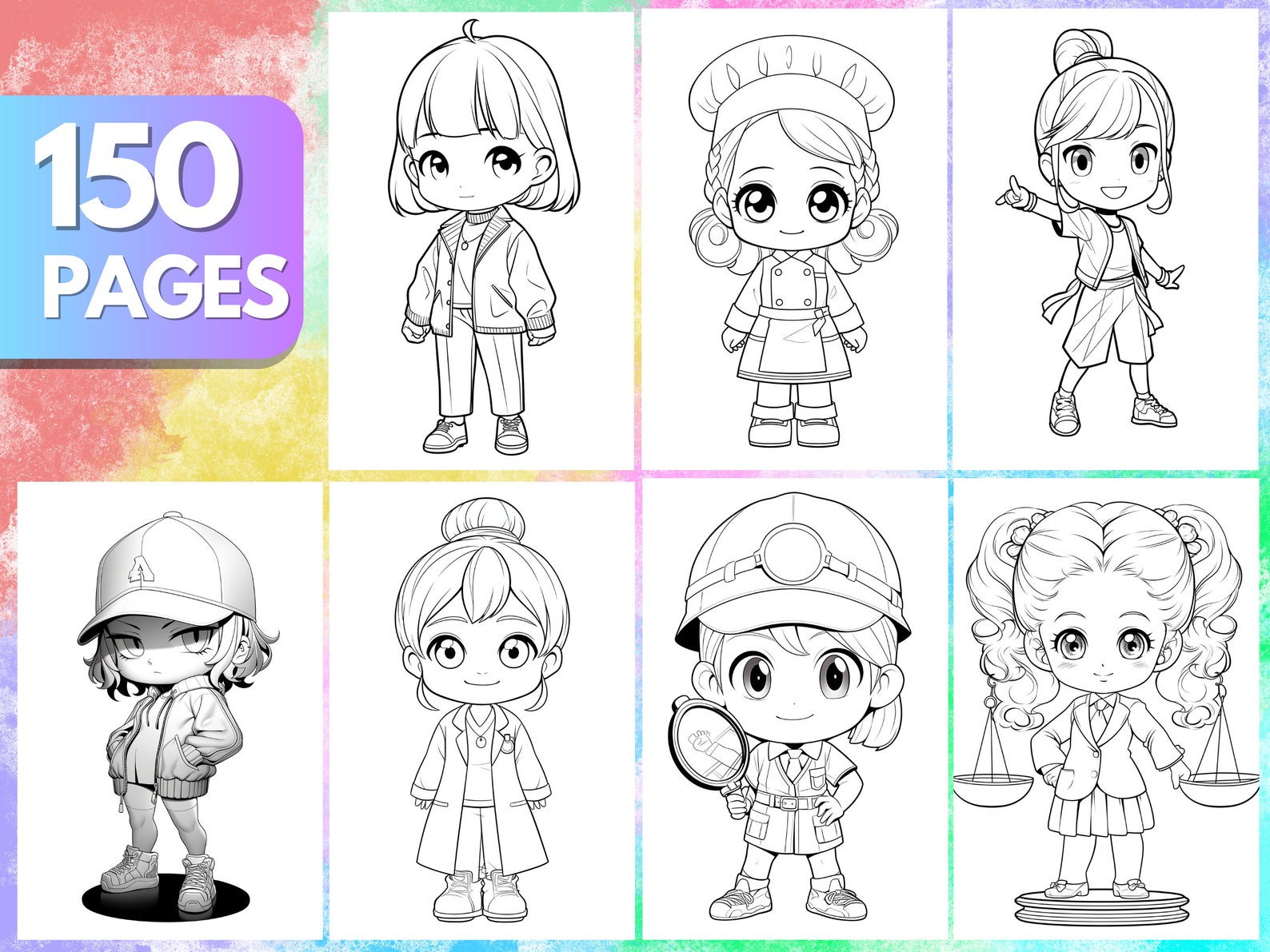 Kawaii Girls Coloring Book, 150 Pages, 3D Coloring, Kawaii Girls, 3D ...