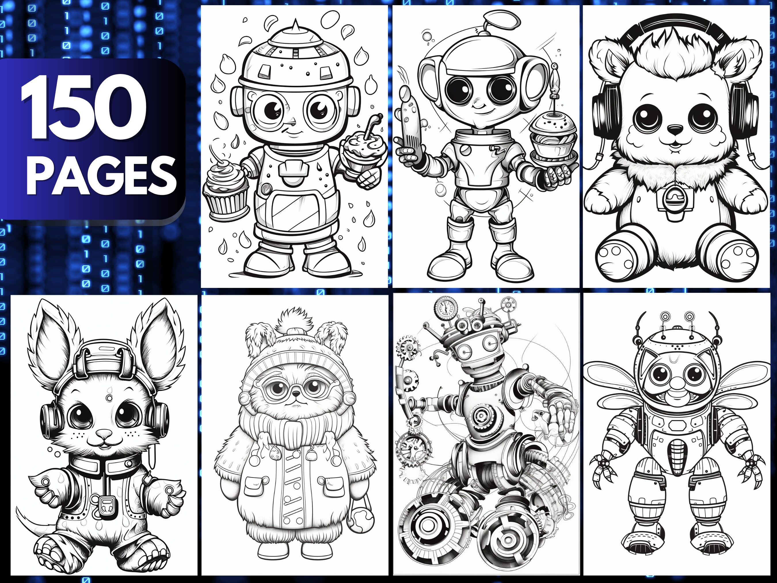 Cute Robots Coloring Book, 150 Pages, Cute Robots Coloring Pages, AI ...