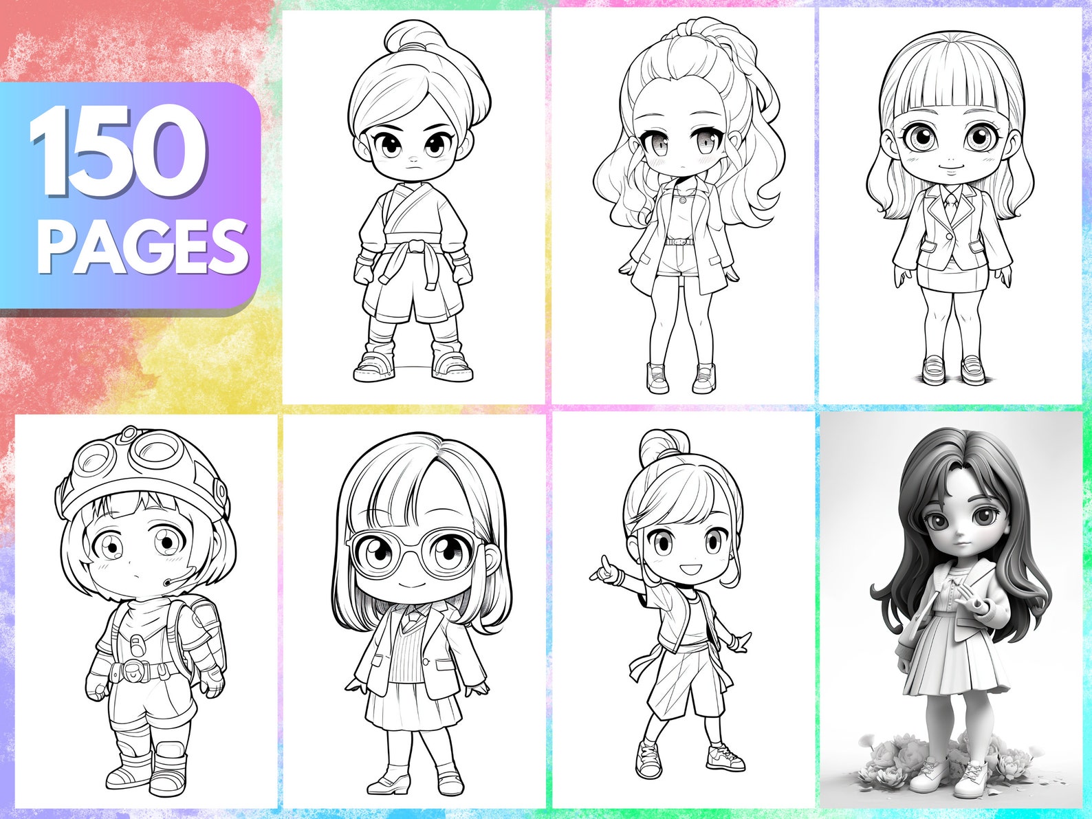 Kawaii Girls Coloring Book, 150 Pages, 3D Coloring, Kawaii Girls, 3D ...