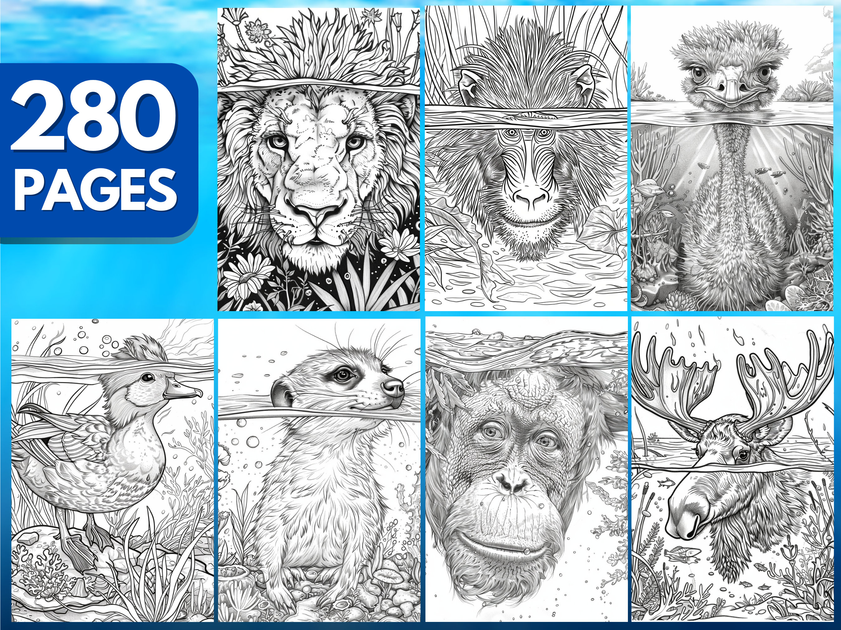 Animals Under Water Coloring Book, 280 Pages, Animals in Water, Animal ...